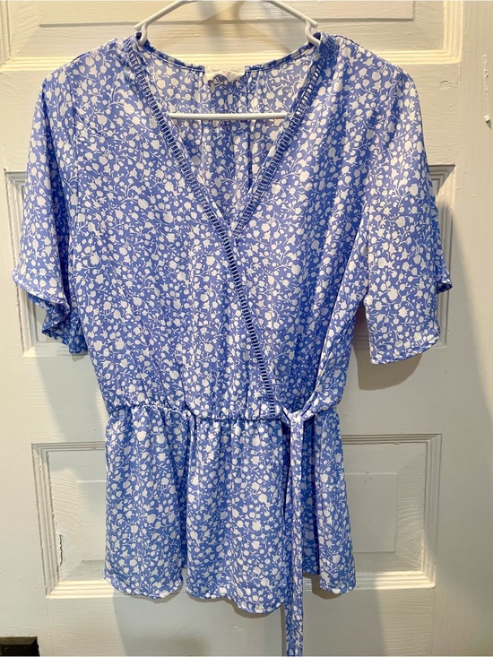 Sienna Sky | Tops | Light Blue Floral Wrap Peplum Top Medium Feminine ...